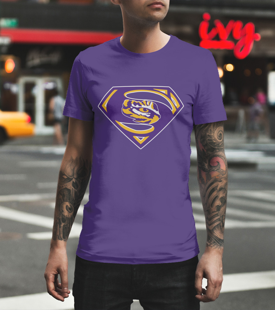 Superman LSU Tigers Logo Purple And Gold Tiger Eye T-Shirt