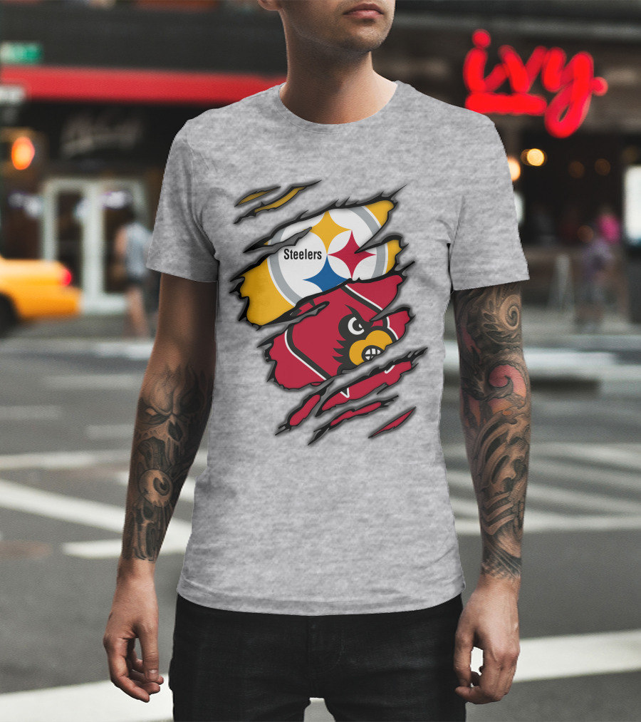Steelers Cardinals Pittsburgh Louisville Torn Claw Marks Emblems T-Shirt