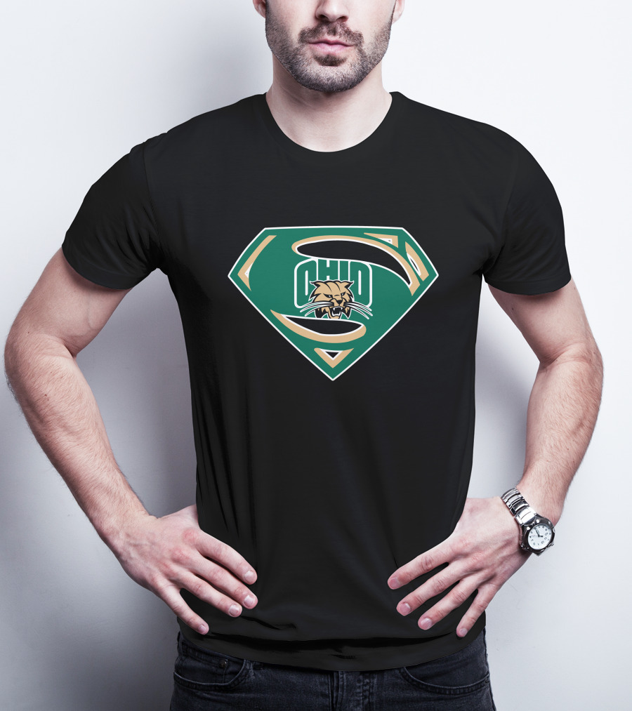 Superman Ohio Bobcats Logo Green And Gold Shield T-Shirt