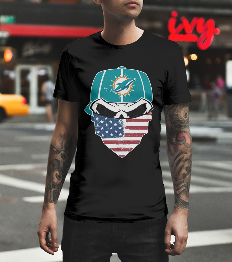 Miami Dolphins Skull American Flag Bandana T-Shirt