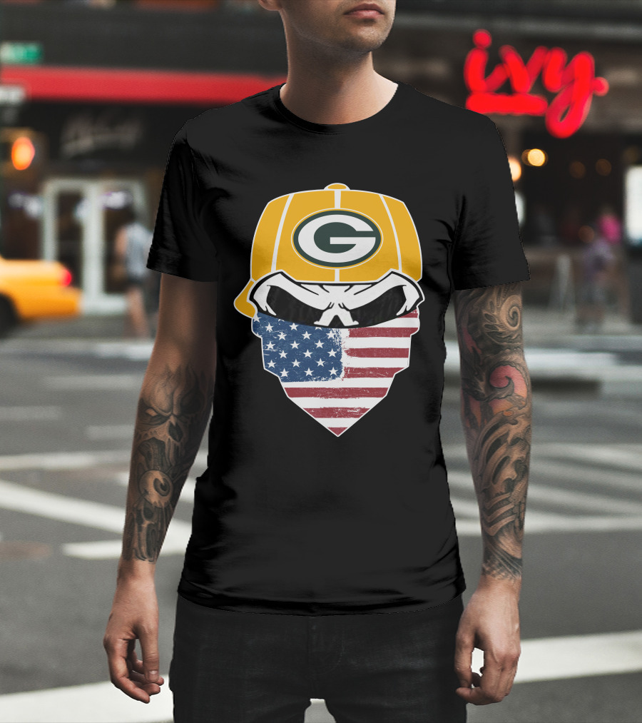 Packers Skull USA Flag Bandana Green Bay Packers Helmet T-Shirt