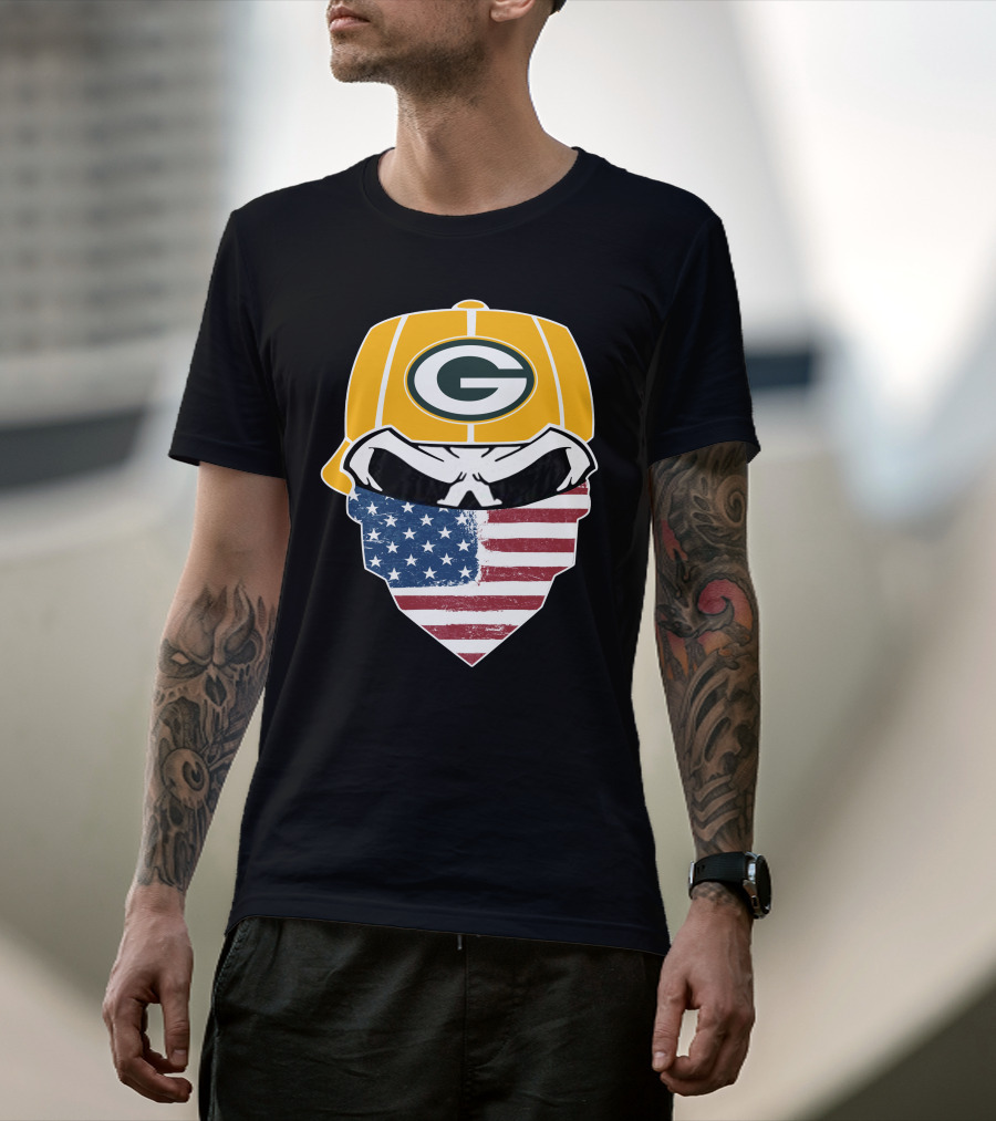 Packers Skull USA Flag Bandana Green Bay Packers Helmet T-Shirt