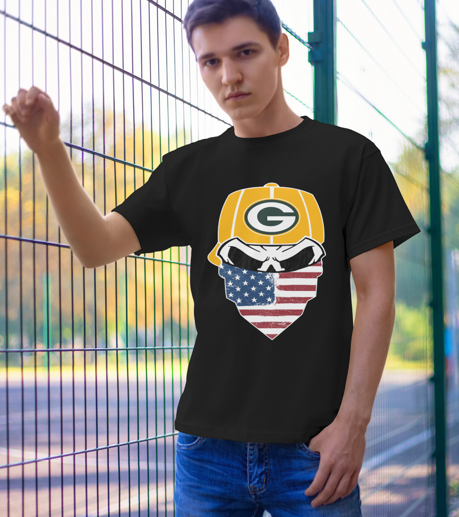 Packers Skull USA Flag Bandana Green Bay Packers Helmet T-Shirt