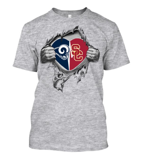 Rams Trojans Heart Rip Design Featuring Los Angeles Rams And Usc Trojans Logos T-Shirt
