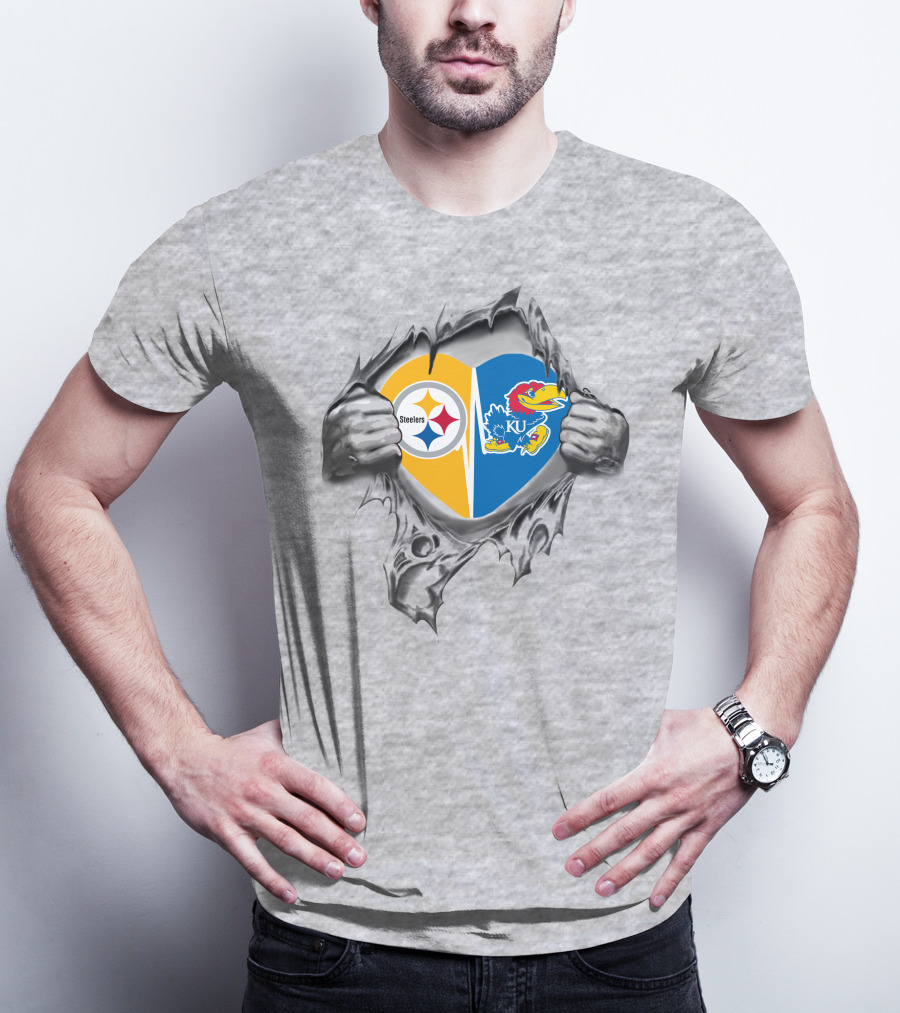 Steelers Kansas Jayhawks Heart With Torn Hands T-Shirt