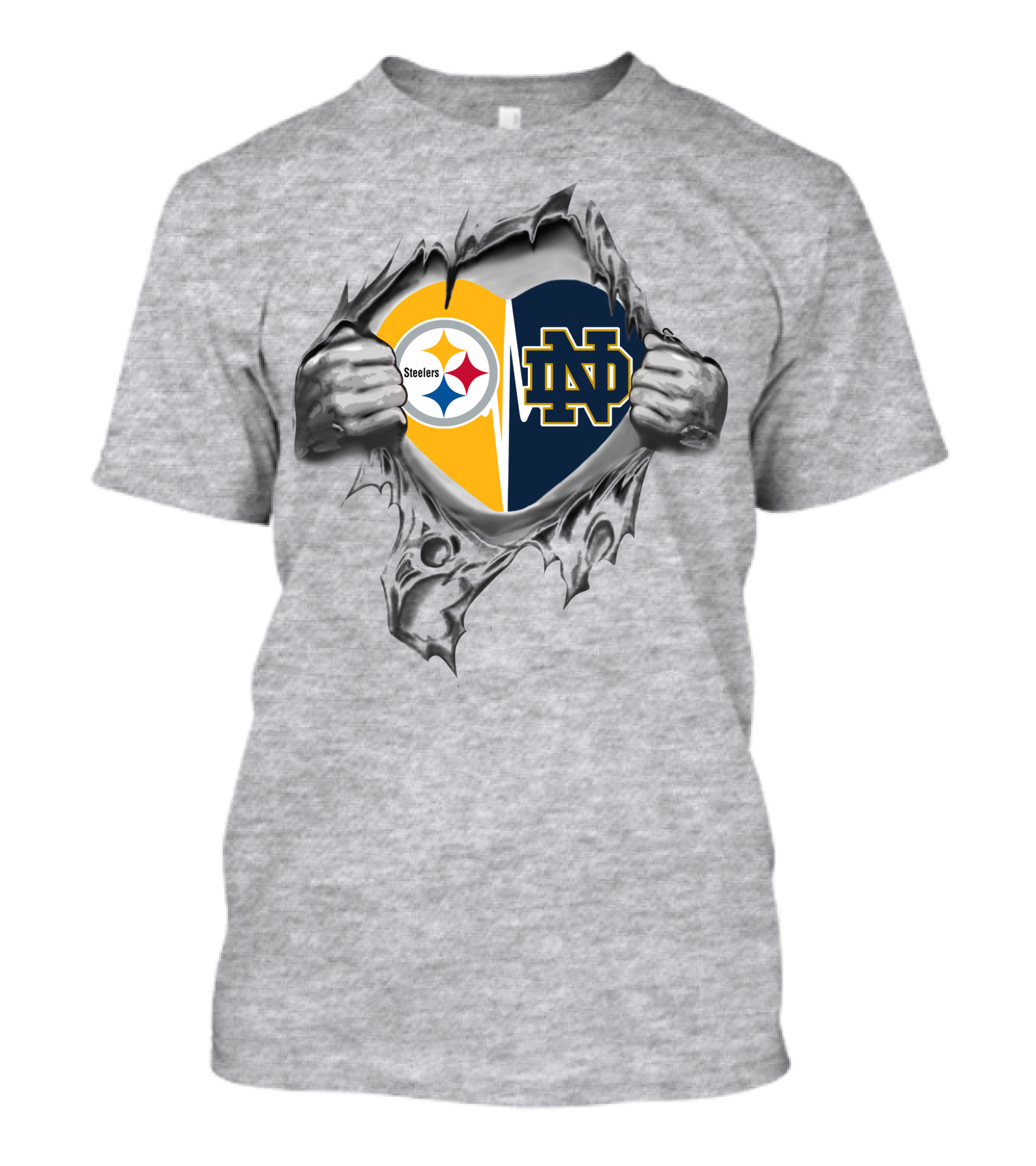 Steelers Notre Dame Heart Logos Inside Ripped Hands Steelers Notre Dame Heart T-Shirt