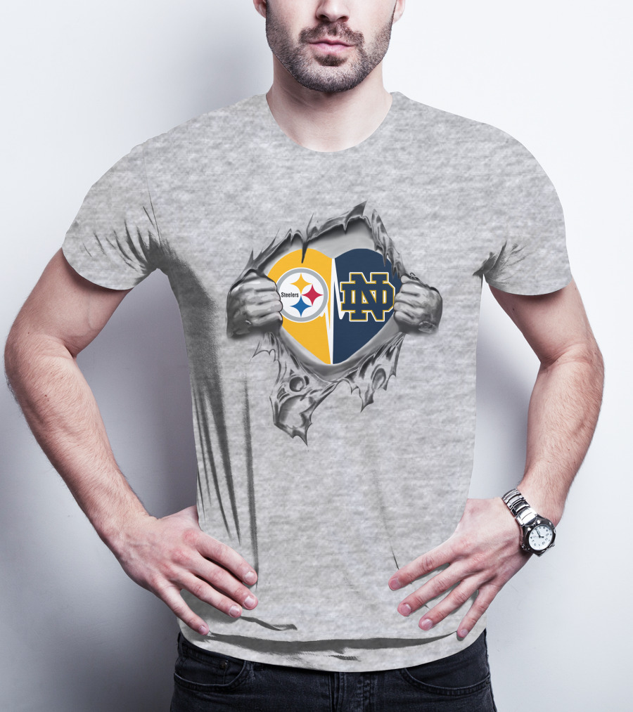 Steelers Notre Dame Heart Logos Inside Ripped Hands Steelers Notre Dame Heart T-Shirt