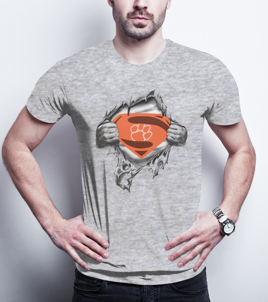 Clemson Tigers Superman Paw Logo Rip Effect T-Shirt