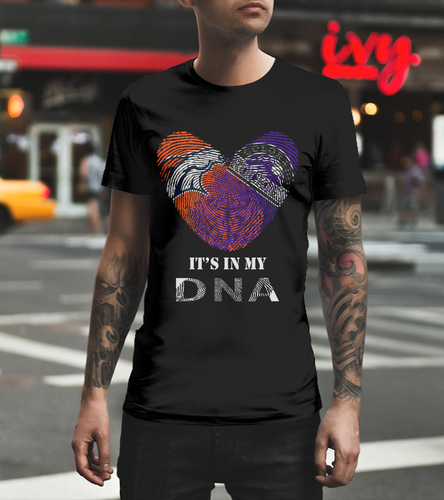 Broncos Rockies It's In My DNA Football Baseball Heart Fingerprint T-Shirt