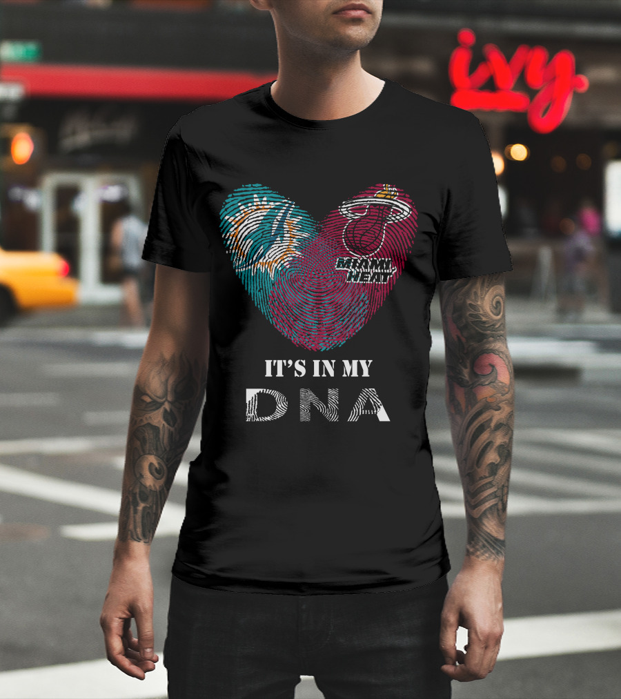 Miami Dolphins Miami Heat It's In My Dna Fingerprint Heart T-Shirt