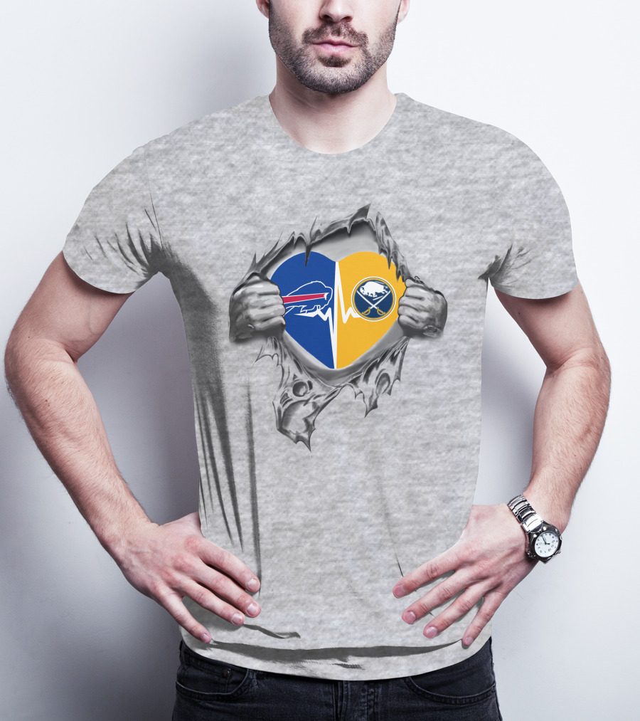 Bills Sabres Heart Torn Fabric Combined Team Logos Inside T-Shirt