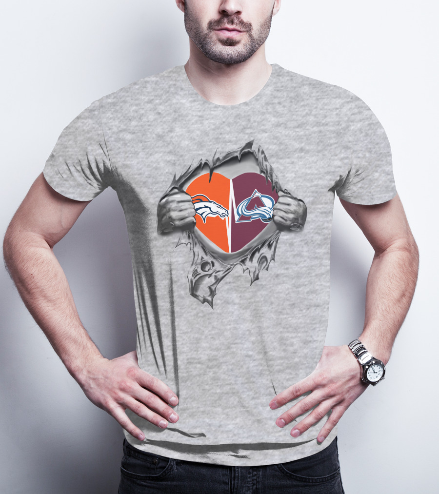 Broncos Avalanche Heart Logos Torn Gray Background T-Shirt