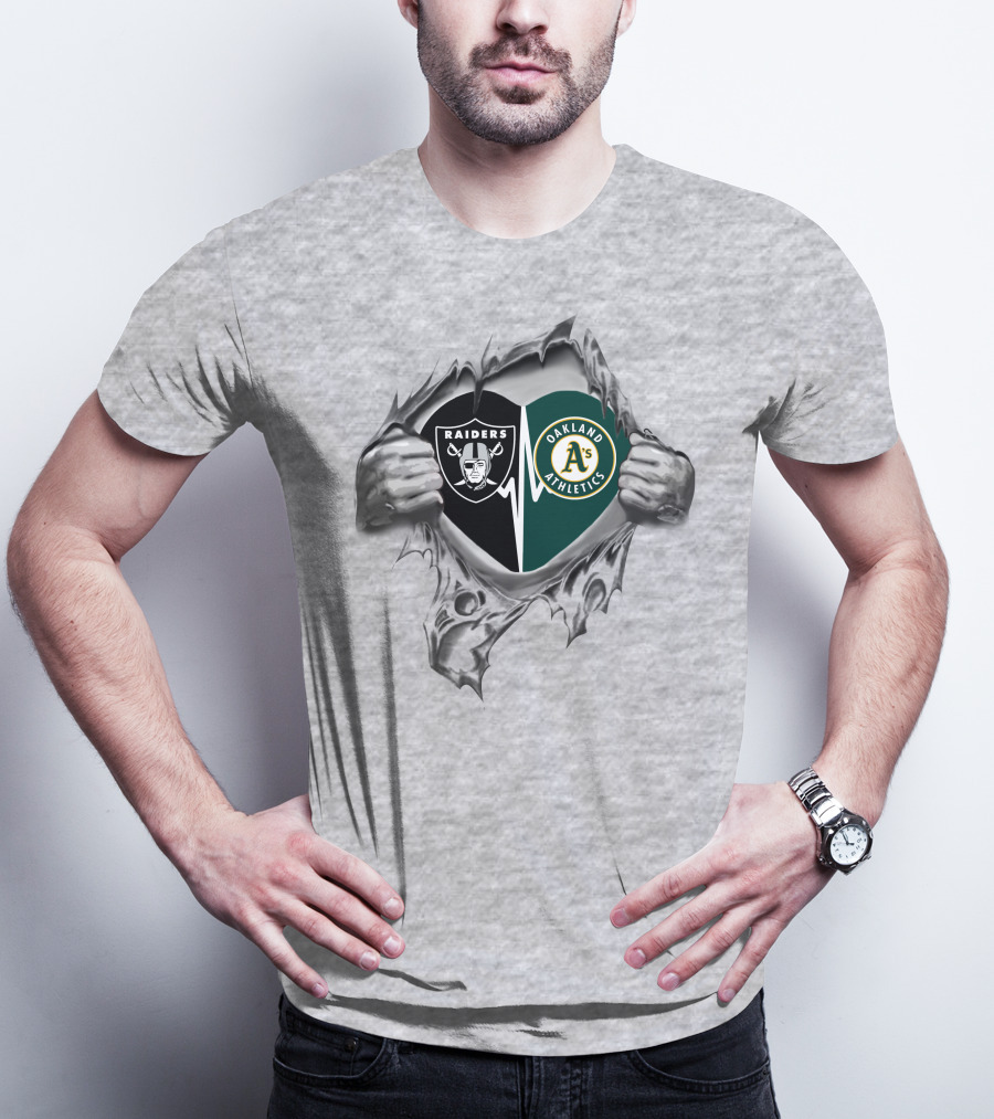 Raiders Athletics Oakland A's Heart Logo Torn Reveal T-Shirt