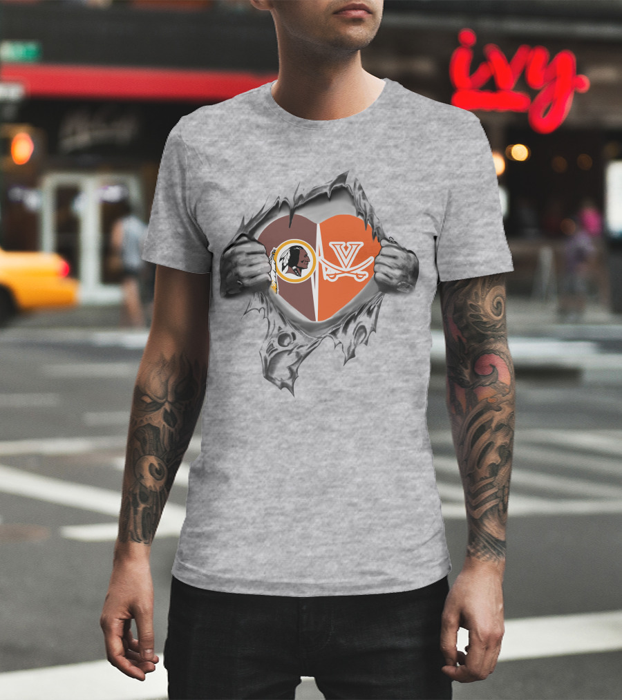 Redskins Cavaliers Heart Design With Washington And Virginia Logos T-Shirt