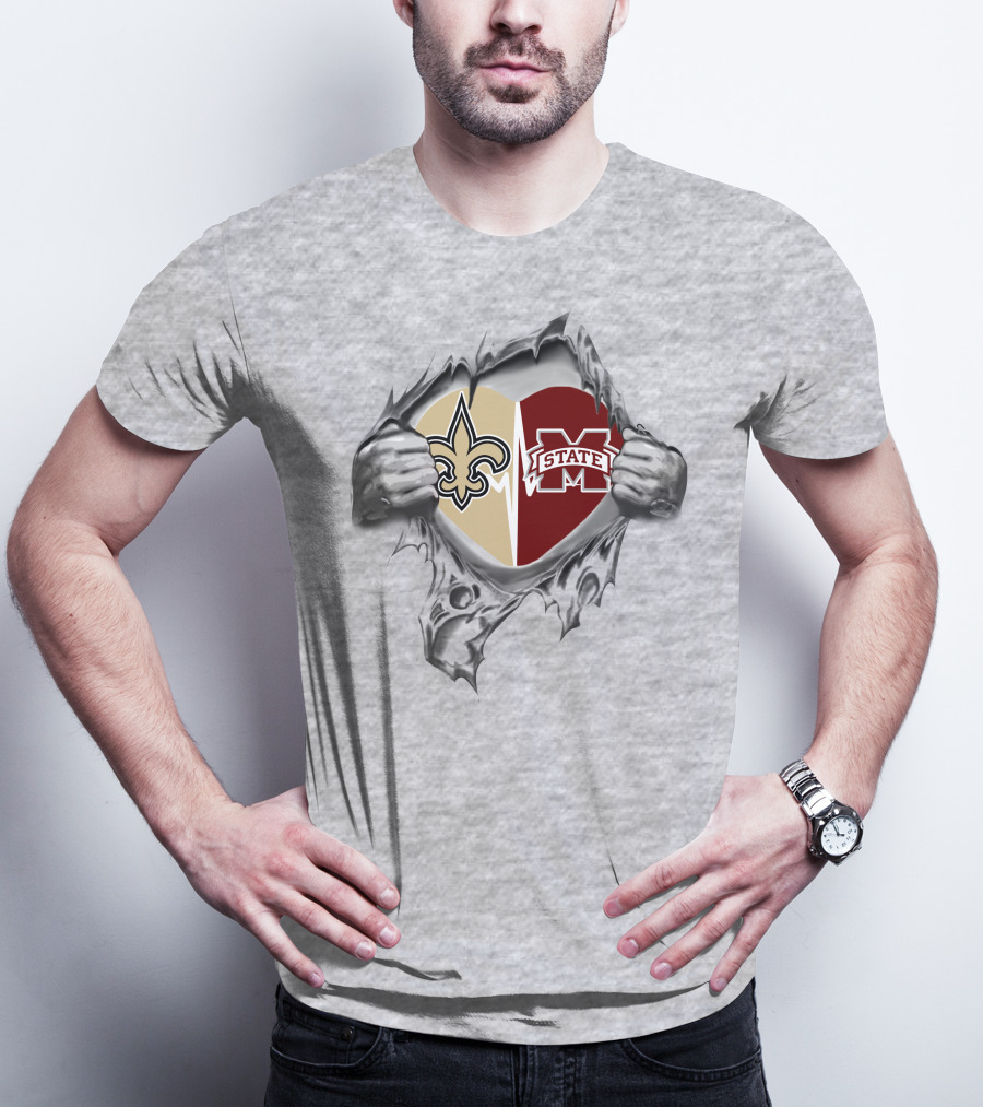 Saints MS State Heart Design Fleur-de-Lis And Bulldogs Ripped T-Shirt