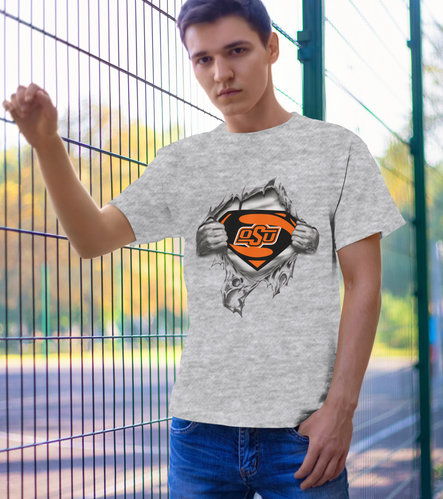 Osu Oklahoma State Cowboys Super Man Logo Rip T-Shirt