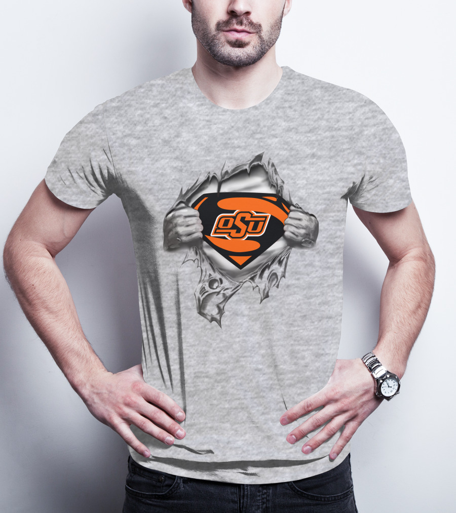 Osu Oklahoma State Cowboys Super Man Logo Rip T-Shirt