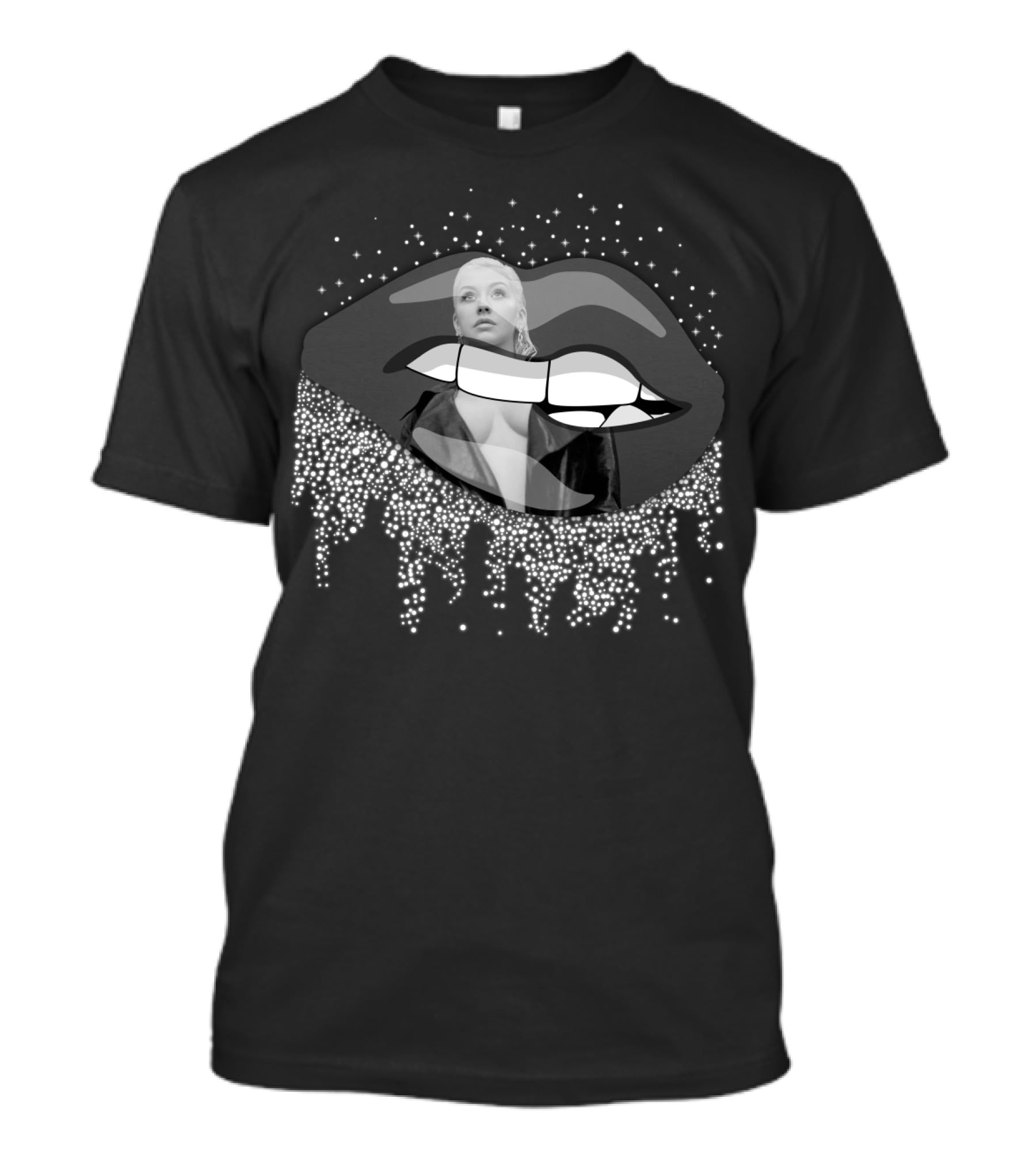 Christina Aguilera Black And White Pop Star Lips And Sparkles T-Shirt