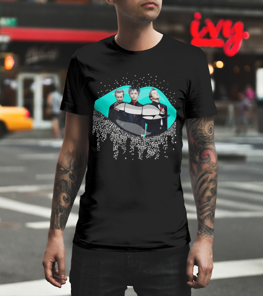 Green Day Dripping Glitter Lip Pop Art Band Members T-Shirt
