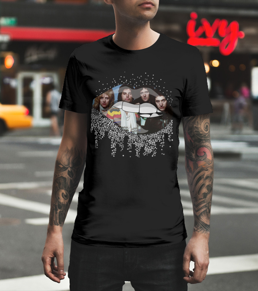 Queen Dripping Glitter Lips Iconic Rock Band Members T-Shirt