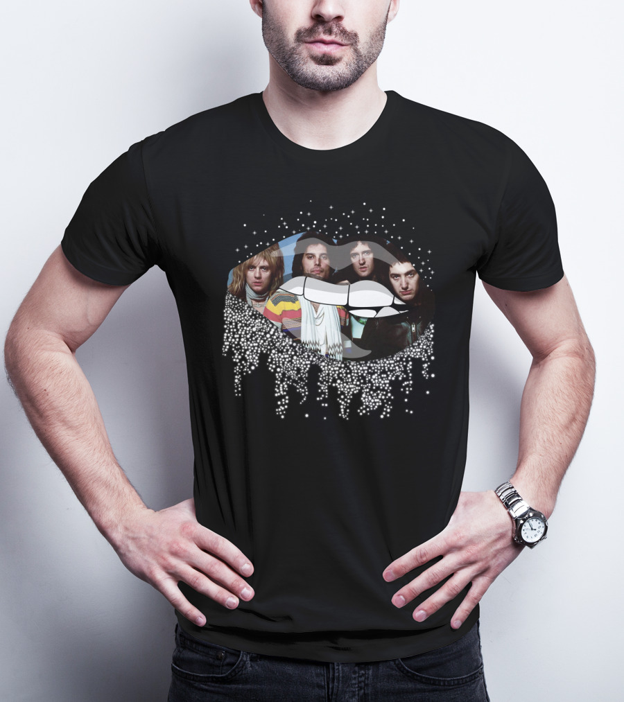 Queen Dripping Glitter Lips Iconic Rock Band Members T-Shirt
