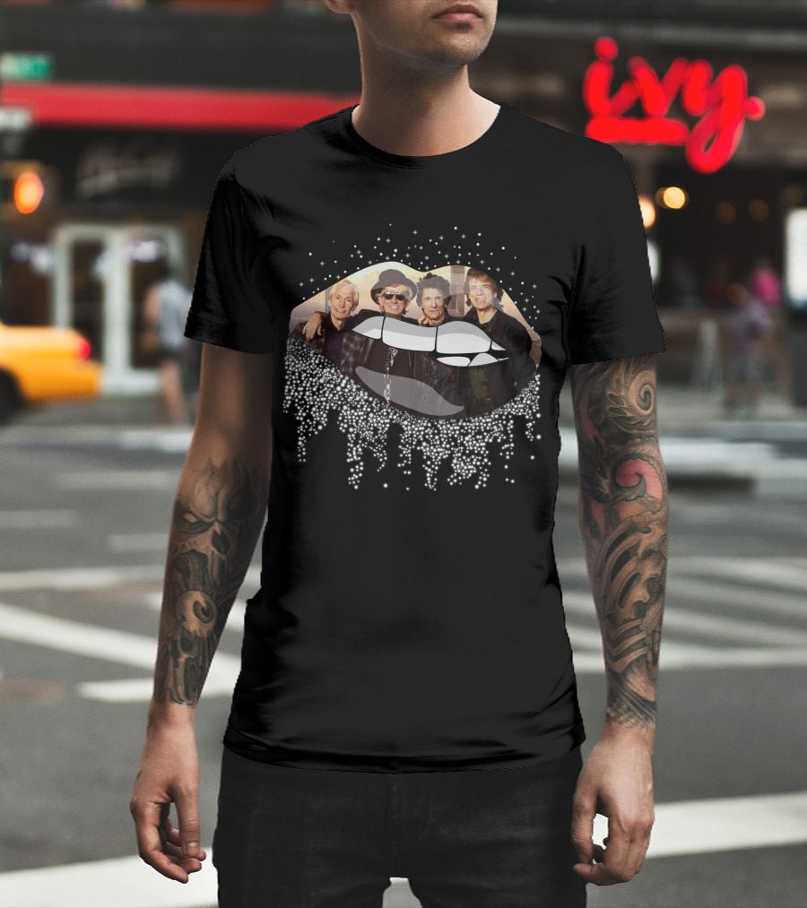 The Rolling Stones Classic Band Photo With Iconic Tongue And Lips Dripping T-Shirt