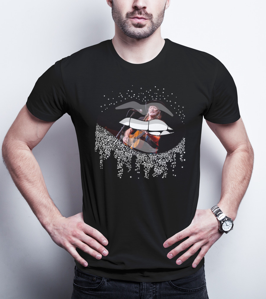 Willie Nelson Lips With Guitar And Sparkling Drips T-Shirt