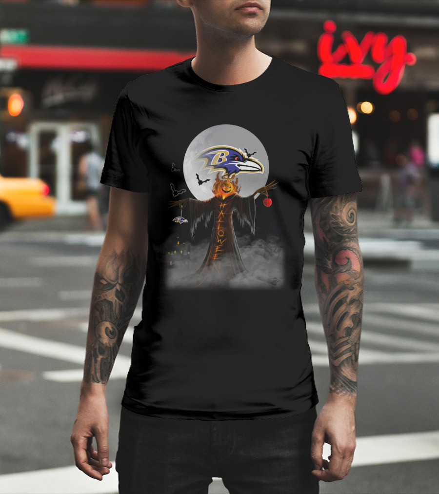 Baltimore Ravens Halloween Moon With Scarecrow And Pumpkin Head T-Shirt