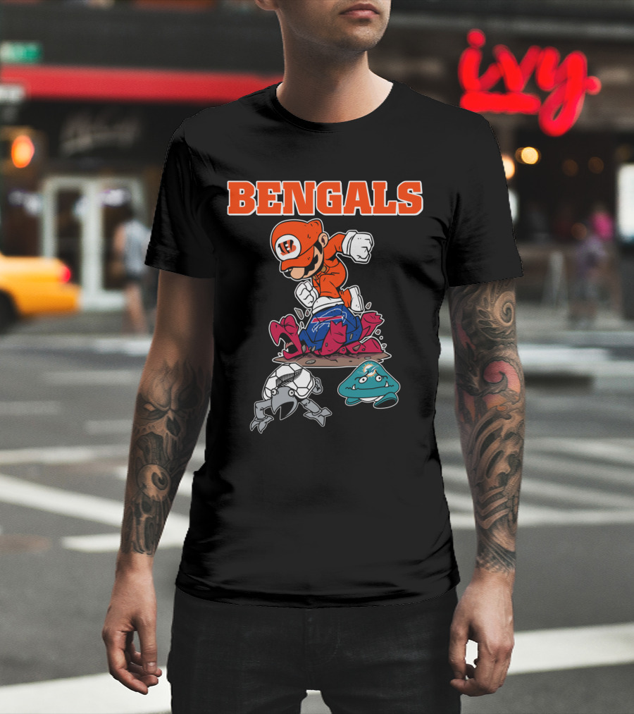 Bengals Mario Parody Knocking Out Football Opponents T-Shirt