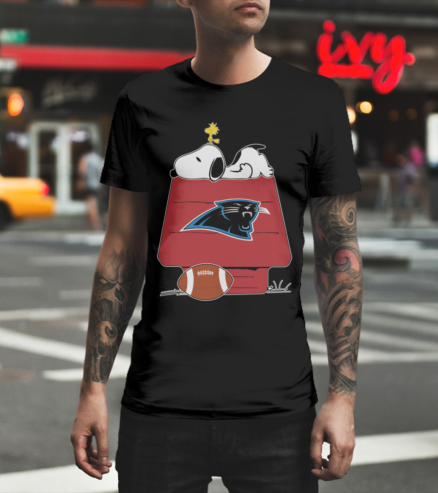 Snoopy And Woodstock On Doghouse With Carolina Panthers Logo And Football T-Shirt