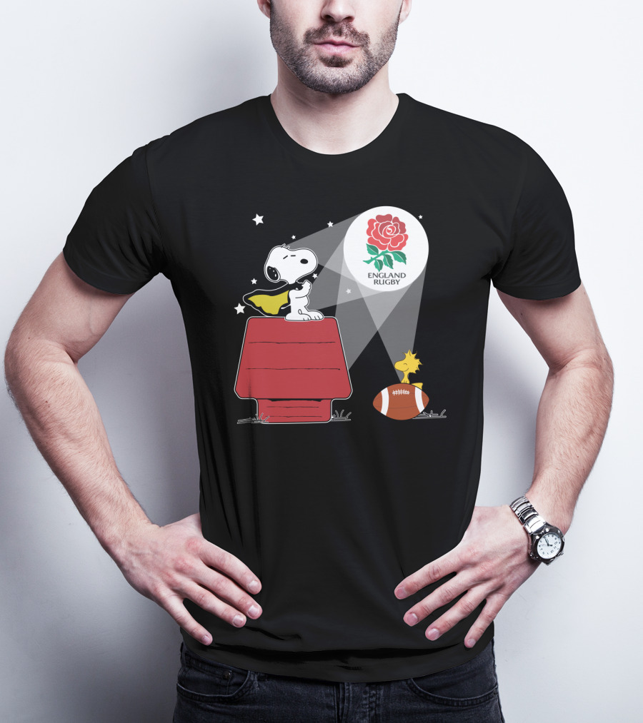 England Rugby RFU Snoopy Doghouse Spotlight With Woodstock And Rugby Ball T-Shirt