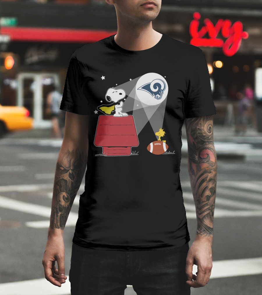 Snoopy And Woodstock With Los Angeles Rams Football Beam T-Shirt