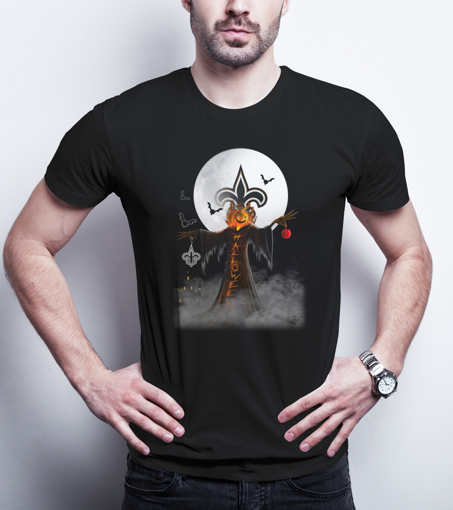 New Orleans Saints Halloween Pumpkin Head With Crescent Moon And Bats T-Shirt