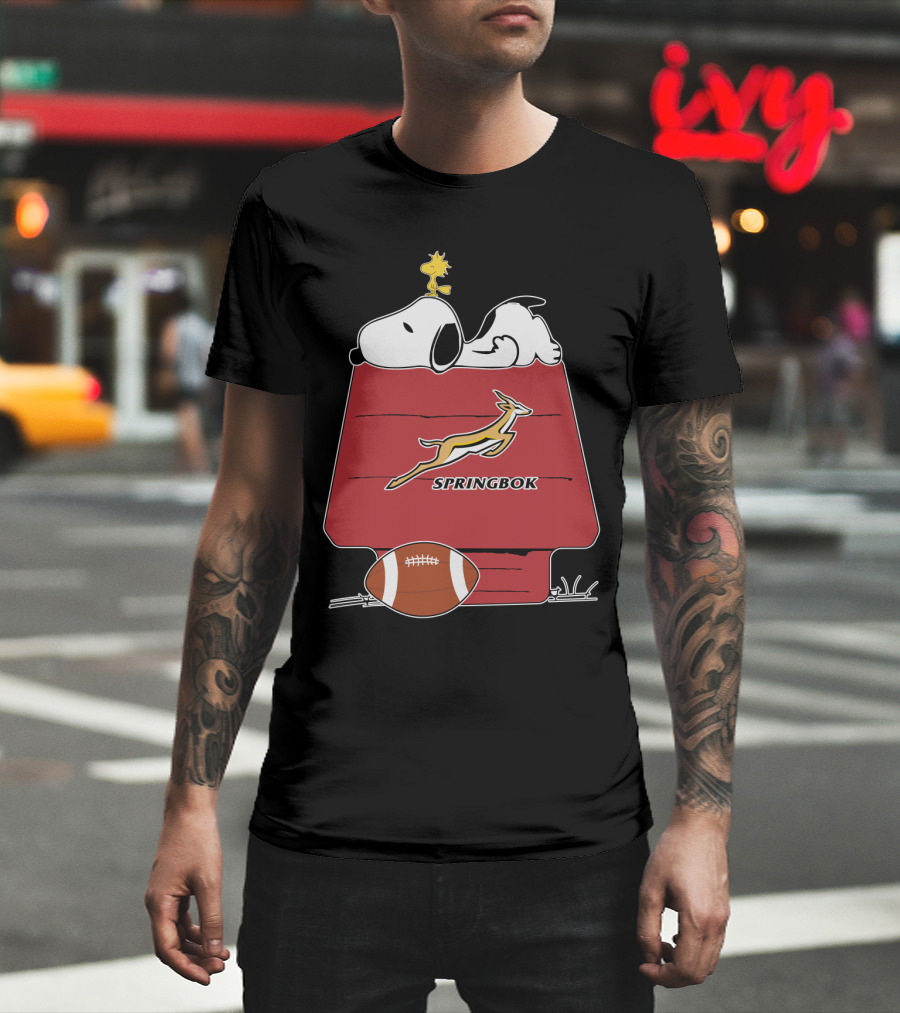 Snoopy Springbok Rugby House With Football And Woodstock T-Shirt