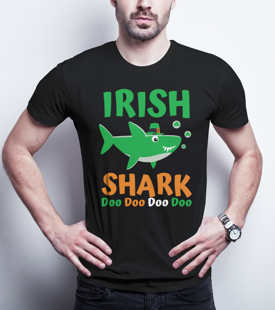 Irish Shark Doo Doo Doo St. Patrick's Day Fun With Leprechaun Hat And Shamrocks T-Shirt