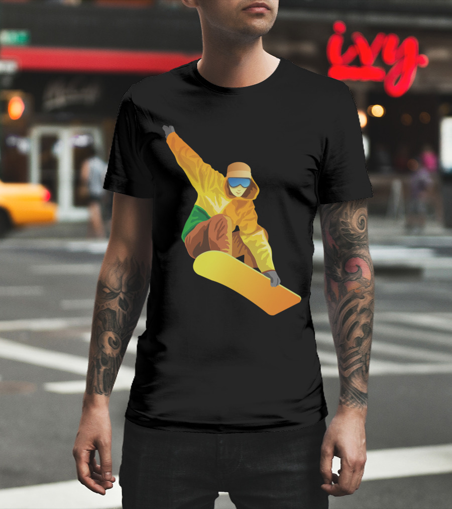 Snowboard Enthusiast In Vibrant Orange And Green T-Shirt