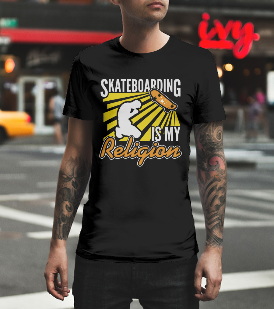 Skateboarding Is My Religion Kneeling Silhouette With Skateboard And Sunburst T-Shirt