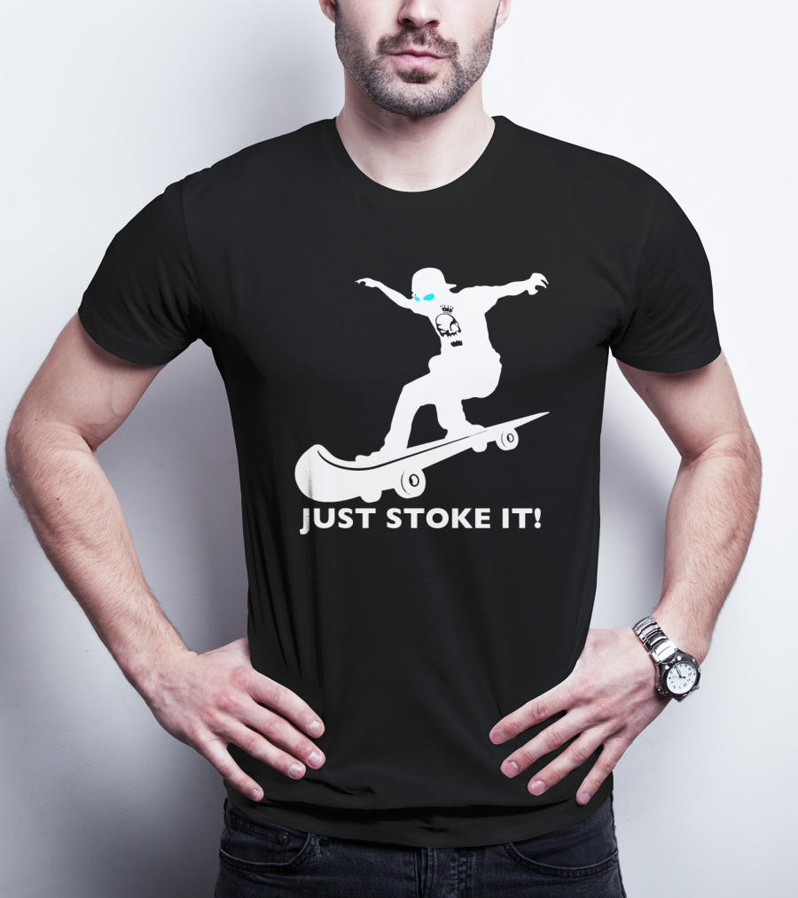 JUST STOKE IT Skateboarding Silhouette Skull T-Shirt