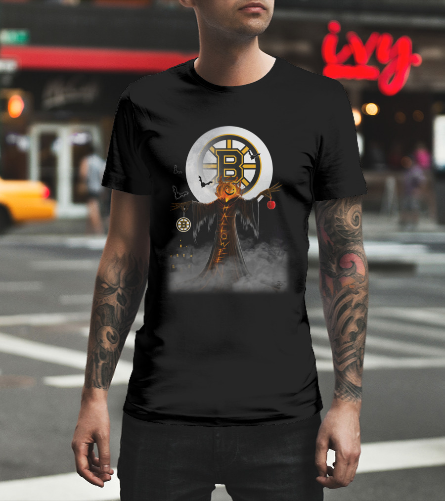 Halloween Boston Bruins Spooky Pumpkin Moon Bats T-Shirt