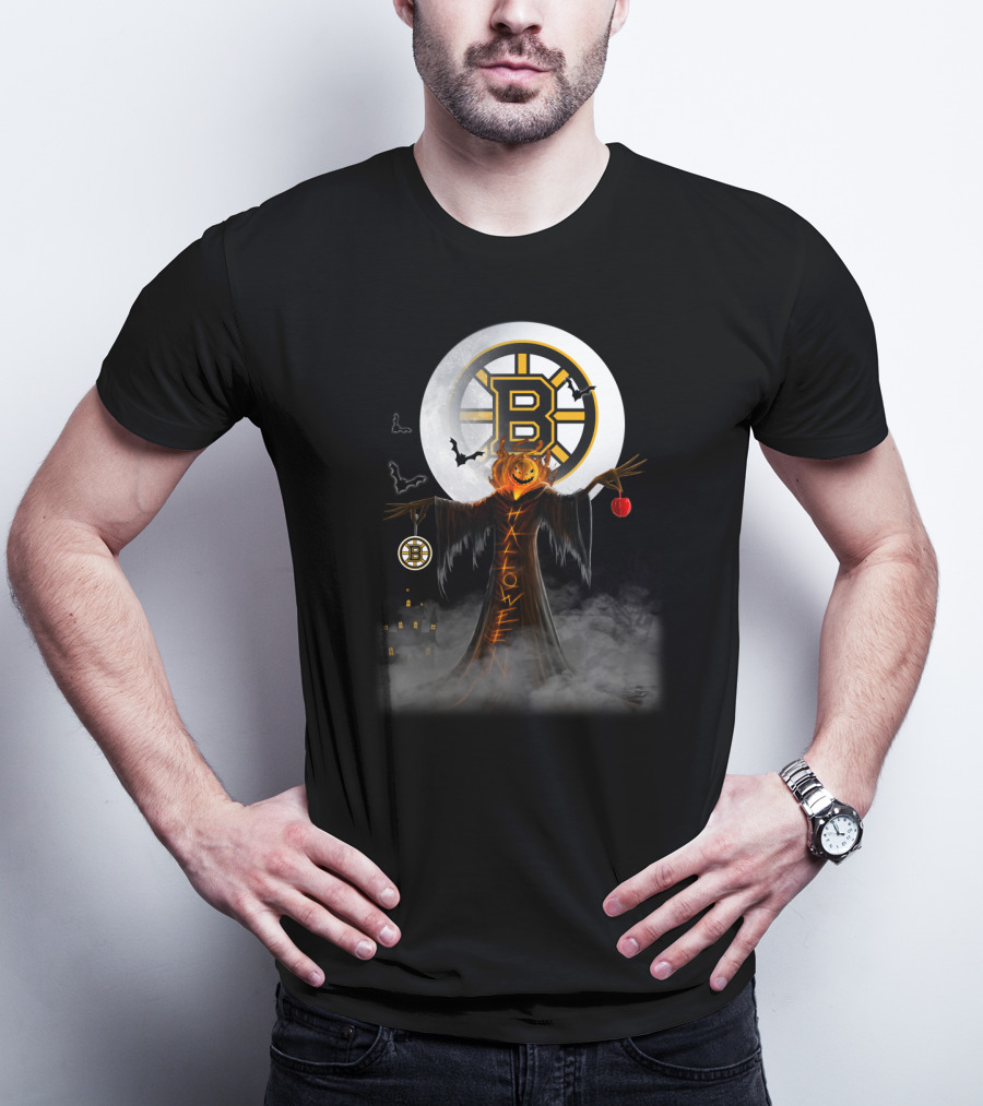 Halloween Boston Bruins Spooky Pumpkin Moon Bats T-Shirt
