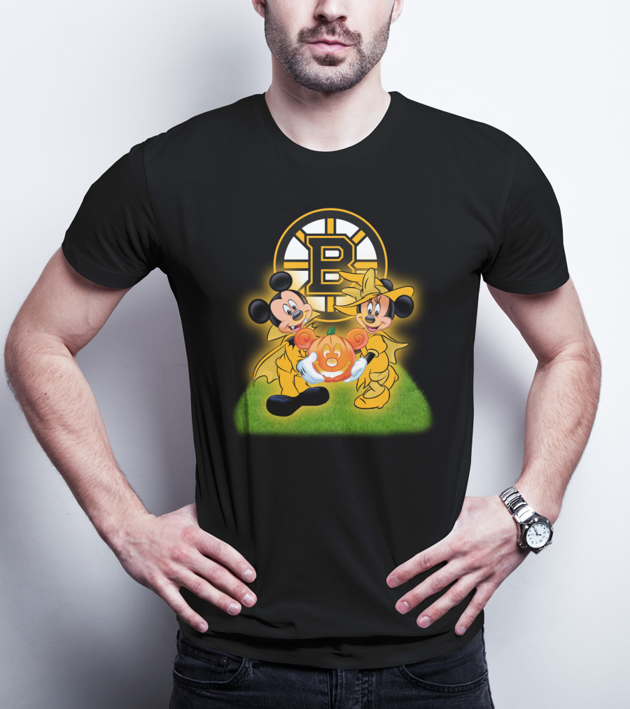 Boston Bruins Halloween Mickey And Minnie With Pumpkin T-Shirt