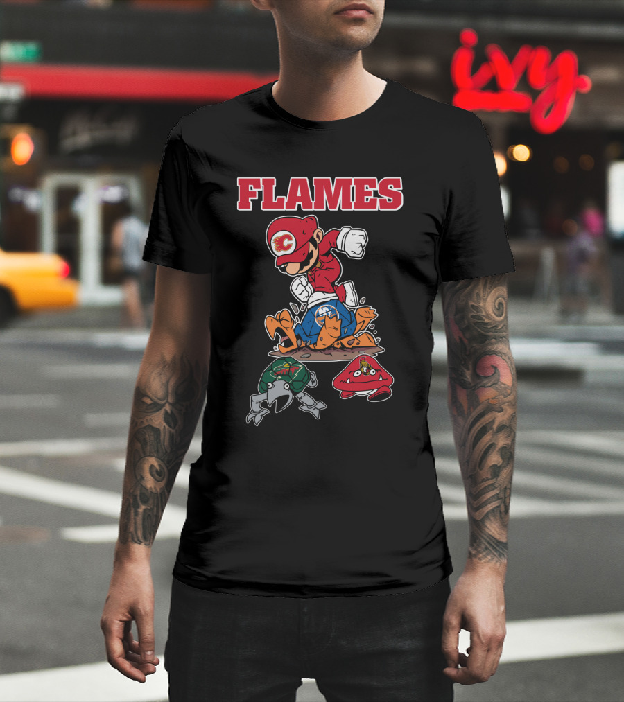 Calgary Flames Mario Parody Hockey Characters Retro Style T-Shirt