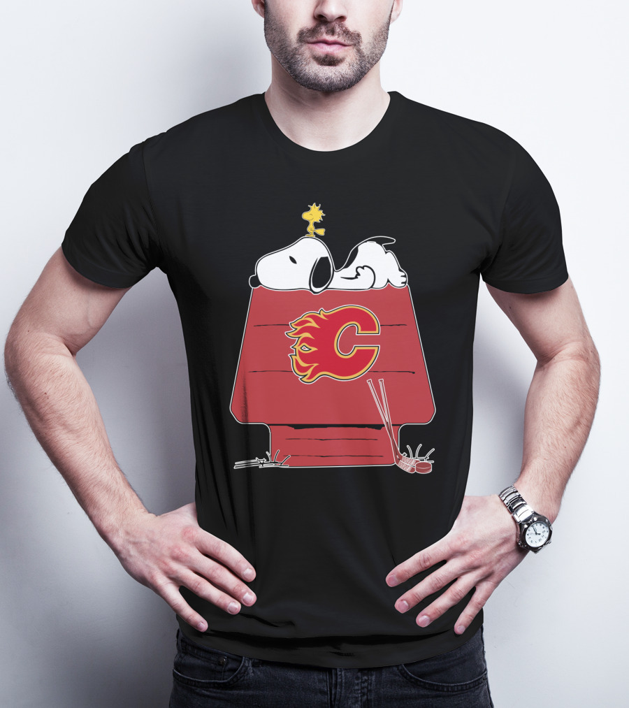 Snoopy And Woodstock On Calgary Flames Logo House T-Shirt