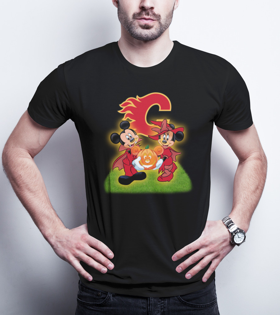 Calgary Flames Mickey And Minnie Halloween Pumpkin T-Shirt
