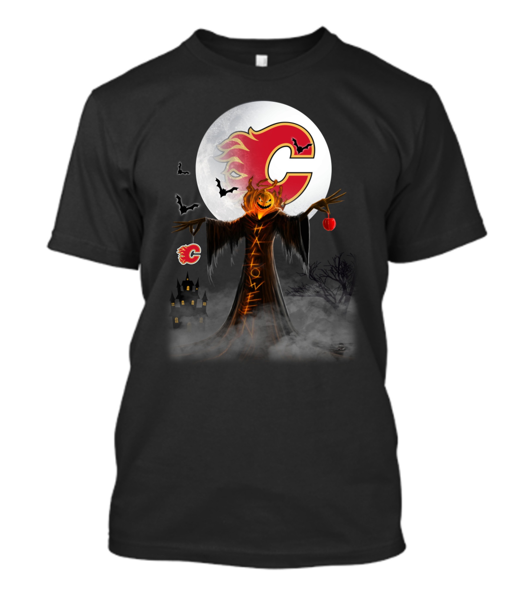 Halloween Calgary Flames Spooky Pumpkin Head With Full Moon And Bats T-Shirt