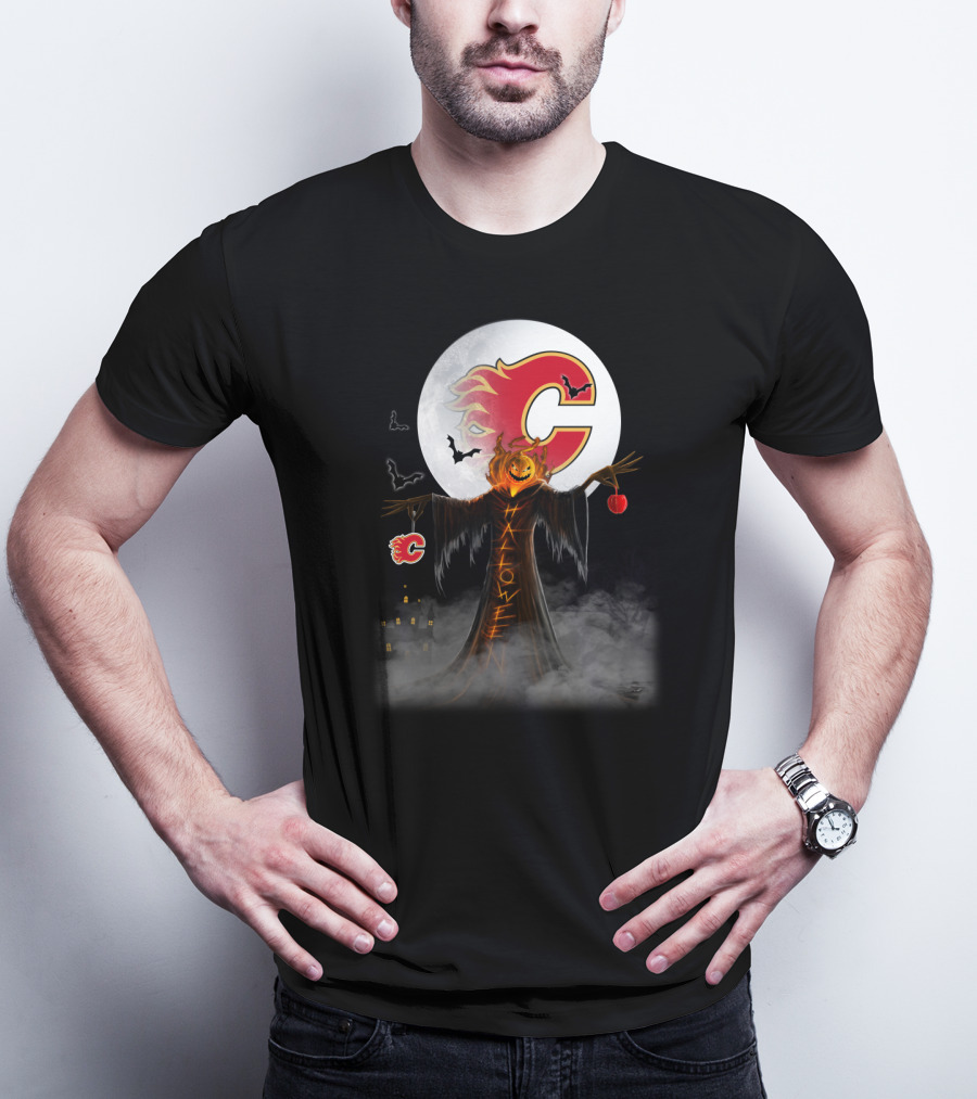 Halloween Calgary Flames Spooky Pumpkin Head With Full Moon And Bats T-Shirt