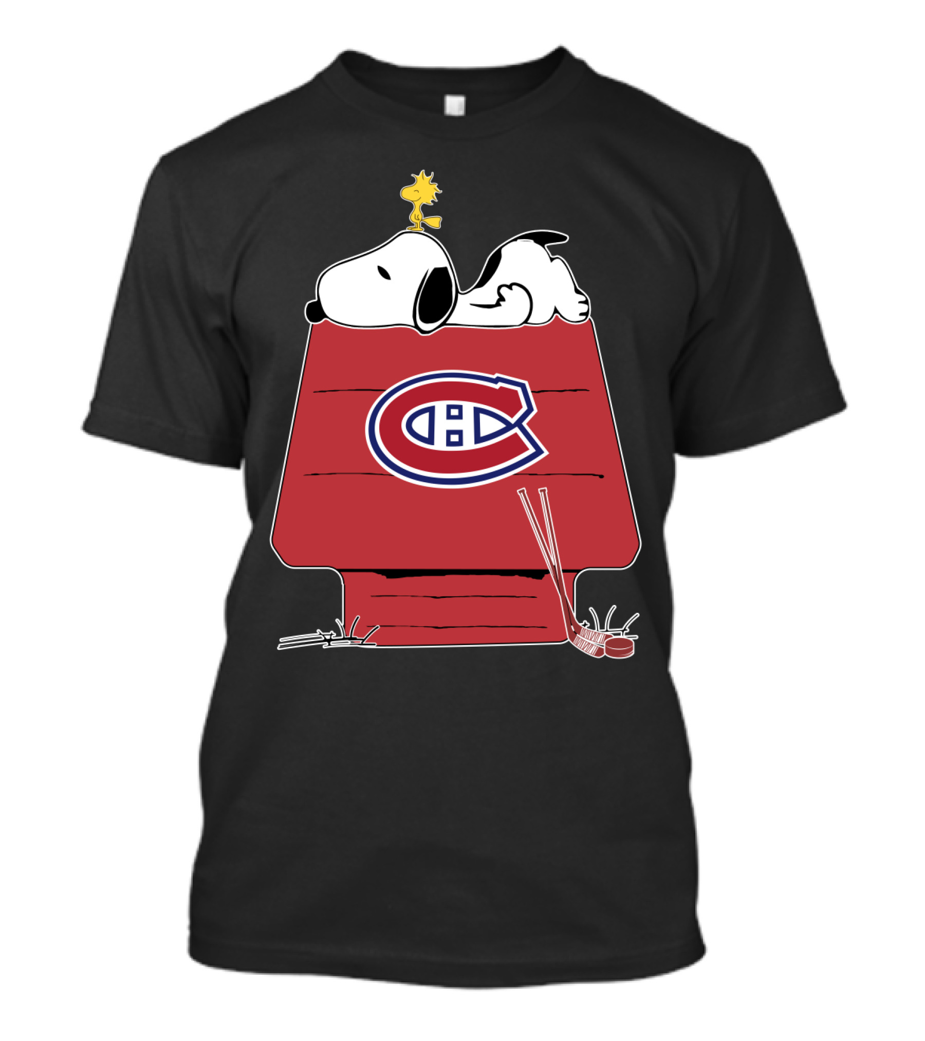 Snoopy And Woodstock With Montreal Canadiens Logo On Doghouse With Hockey Stick T-Shirt