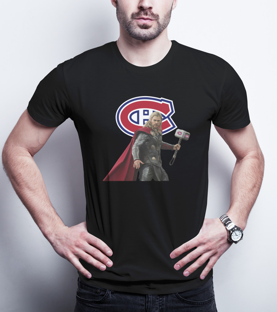 Canadiens Logo With Hero Holding Mjölnir Hammer T-Shirt