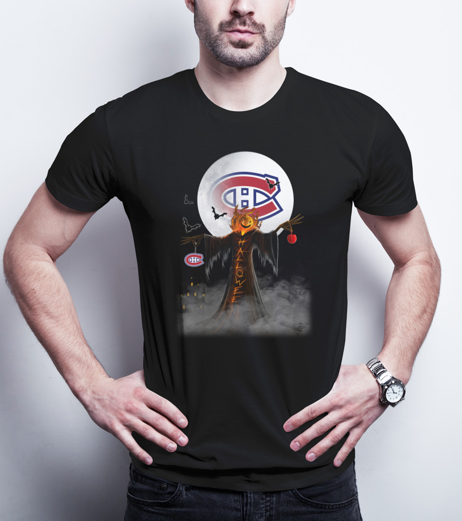 Halloween Canadiens Pumpkin Moon Bats Hockey Montreal T-Shirt