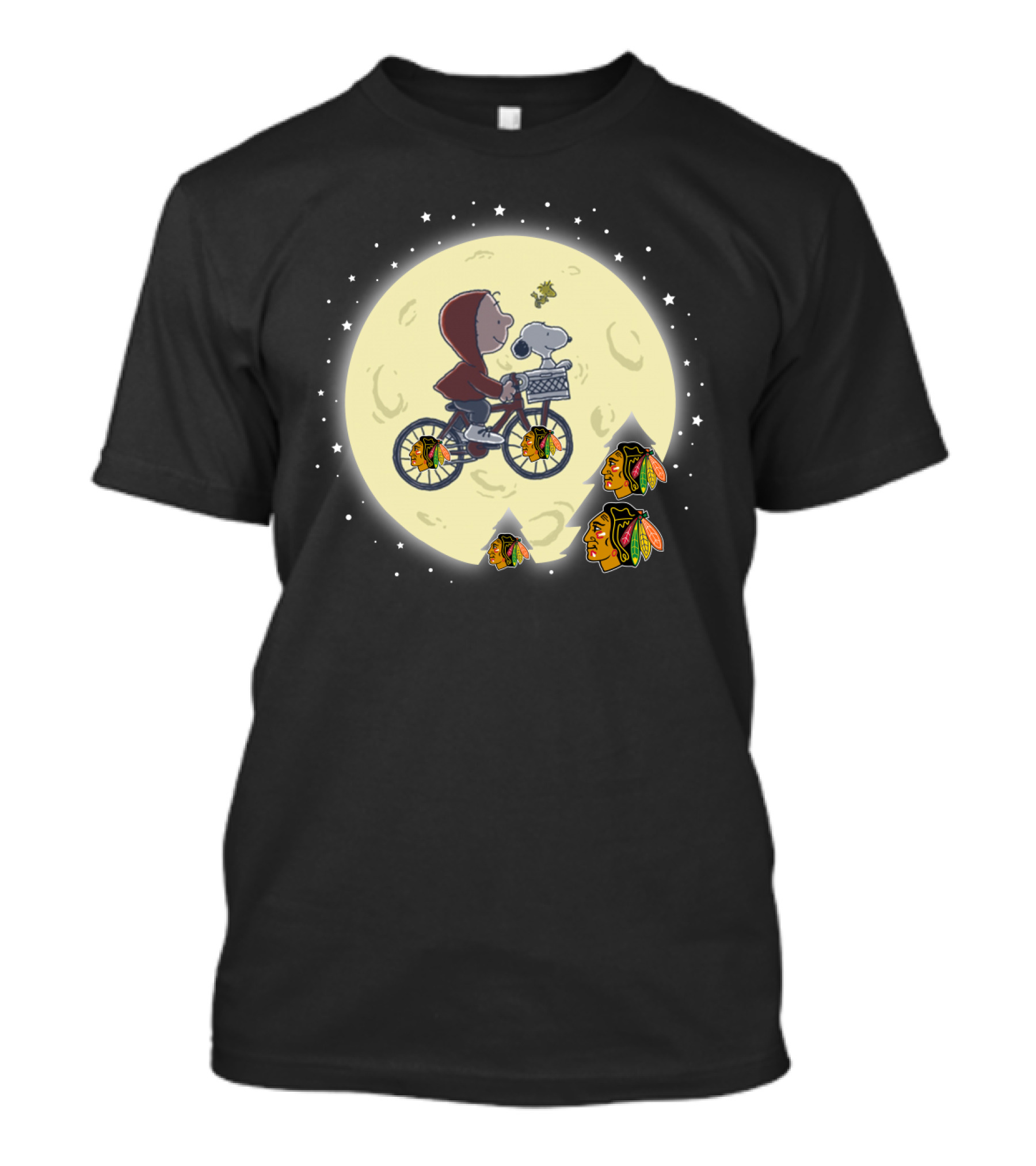 Halloween Chicago Blackhawks Moon Bicycle Flying Snoopy T-Shirt